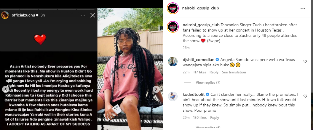 Zuchu Dissapointed After Only 48 Fans Attended Her Show in Houston Texas